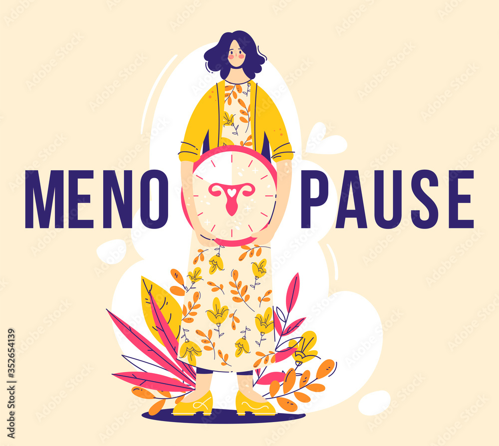 Menopause concept. Woman holds clock with female genital organs ...