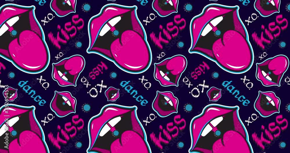 Flat animation of pop art pattern. Moving lips with tongue and ...