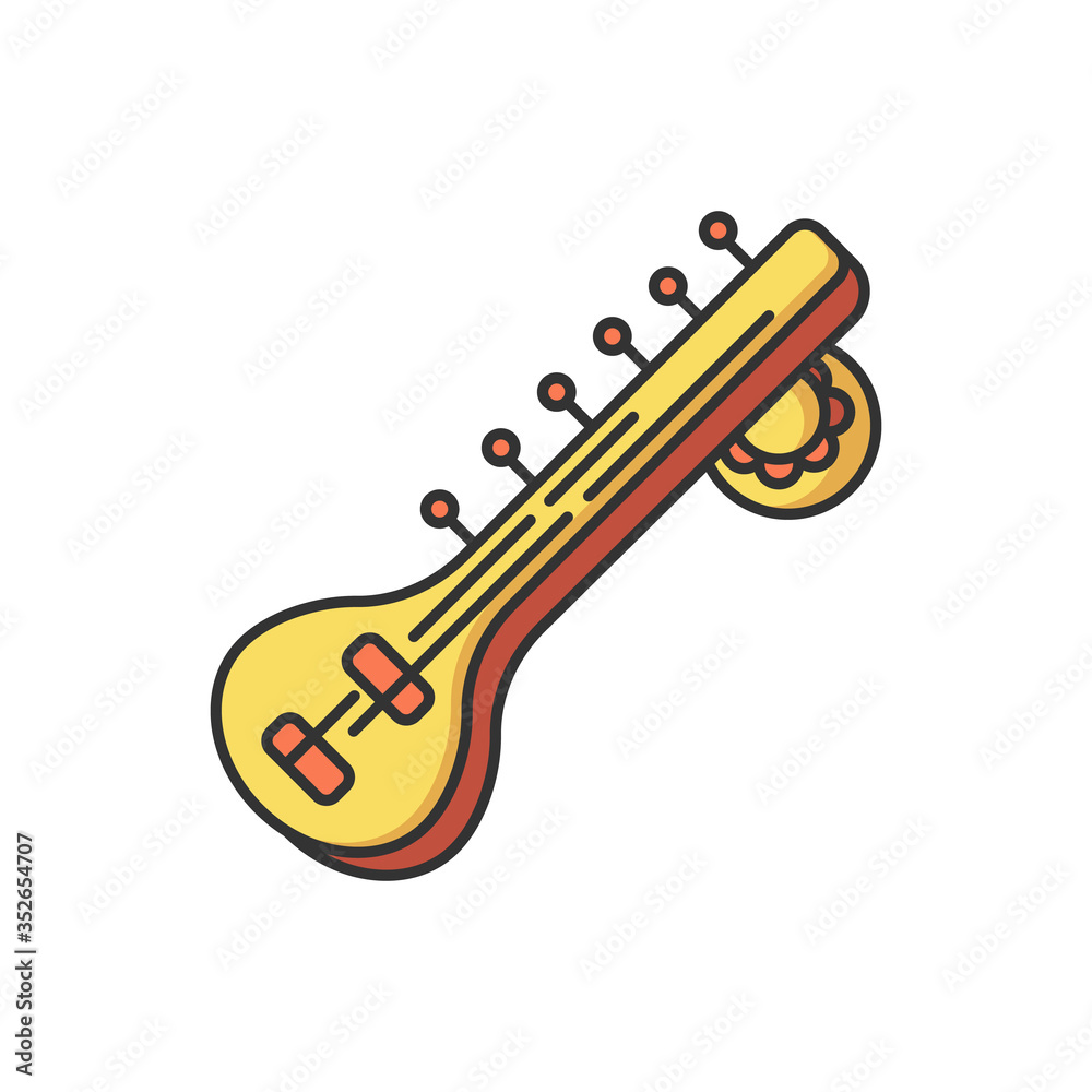 Sitar RGB color icon. Stringed musical instrument. Hindustani classical ...