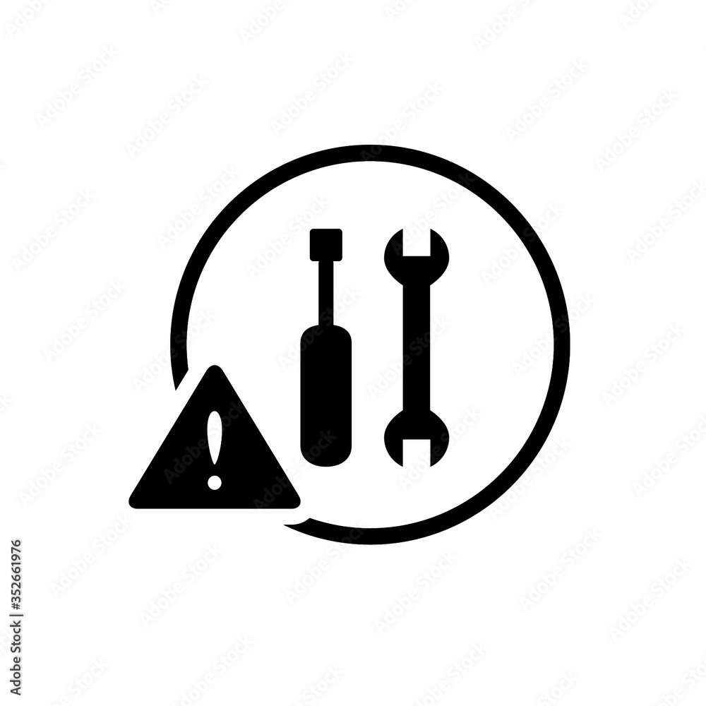 Black round tools warning icon, tools needed, simple circle ...