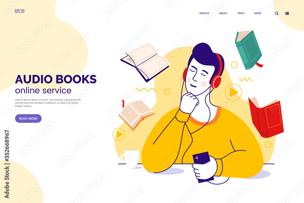 Stockvector Audiobook service web page concept. Character in headphones ...