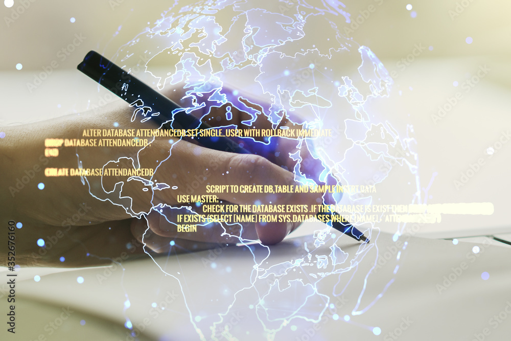 Double exposure of abstract programming language with world map and man ...