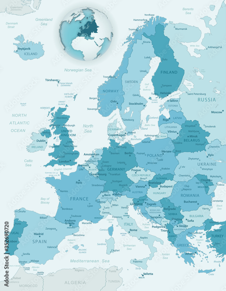 Blue-green detailed map of Europe with location on the globe. Vector ...