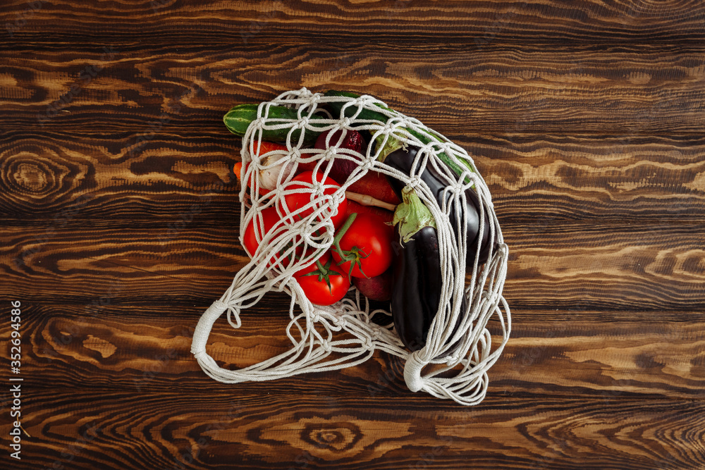 Grocery canvas tote string shopping bag with food. Vegetables in ...