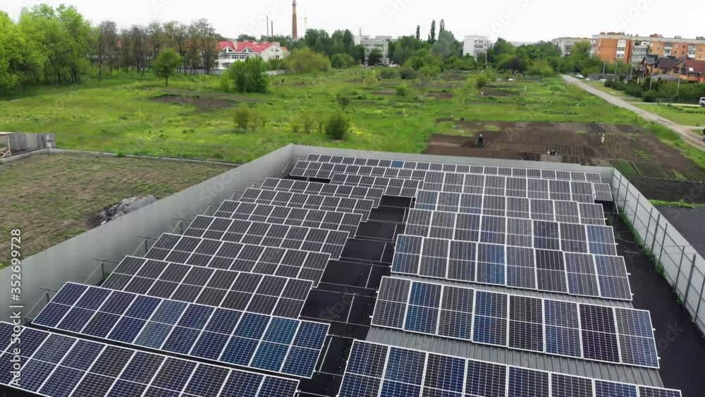 Sun solar panels 4k video power plant from drone. Electricity ...