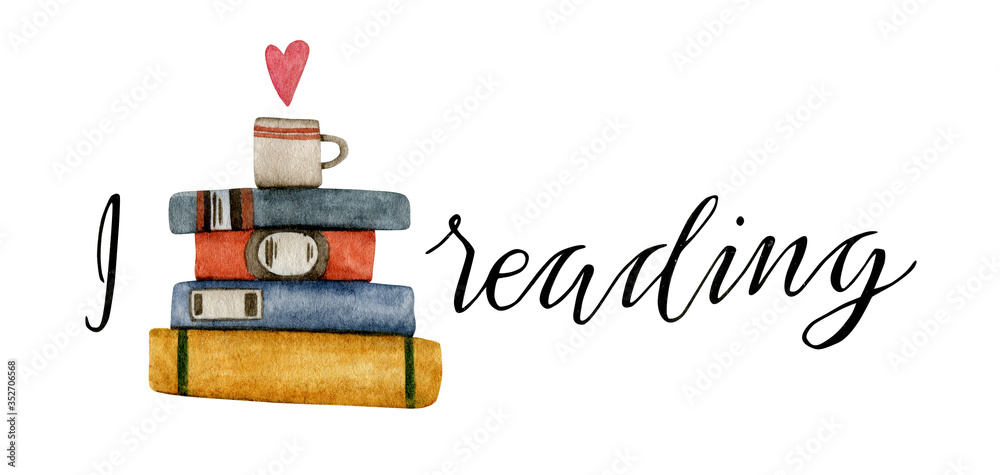 Watercolor multicolored stack of books with a mug and handwritten ...