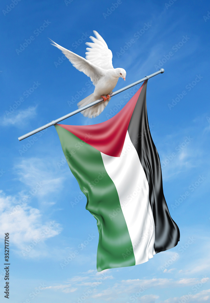 Palestine flag on a pole is carried by a bird while flying against a ...