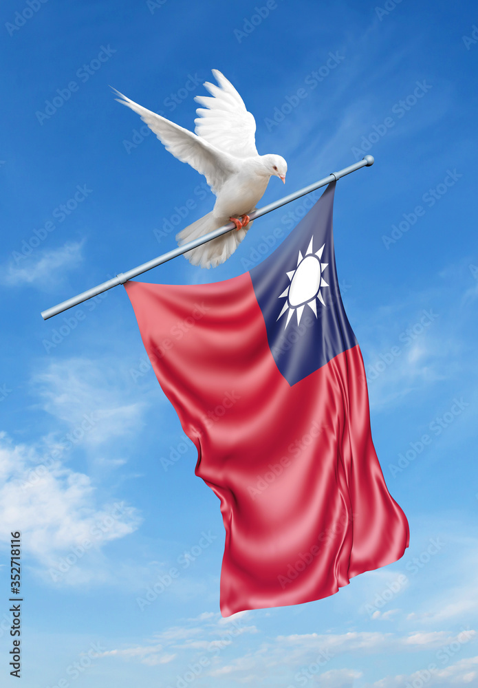 Taiwan flag on a pole is carried by a bird while flying against a blue ...