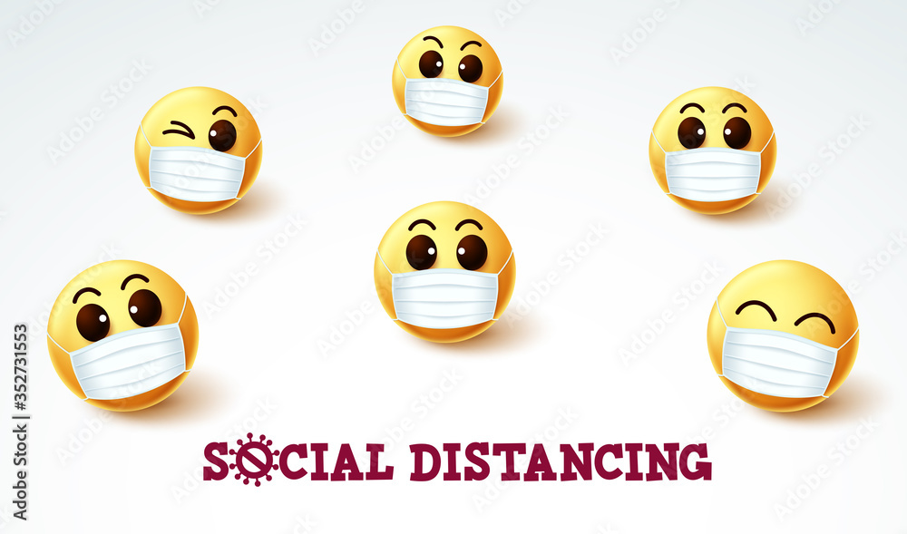 Emoji smiley social distancing vector sign. Social distancing emoji ...