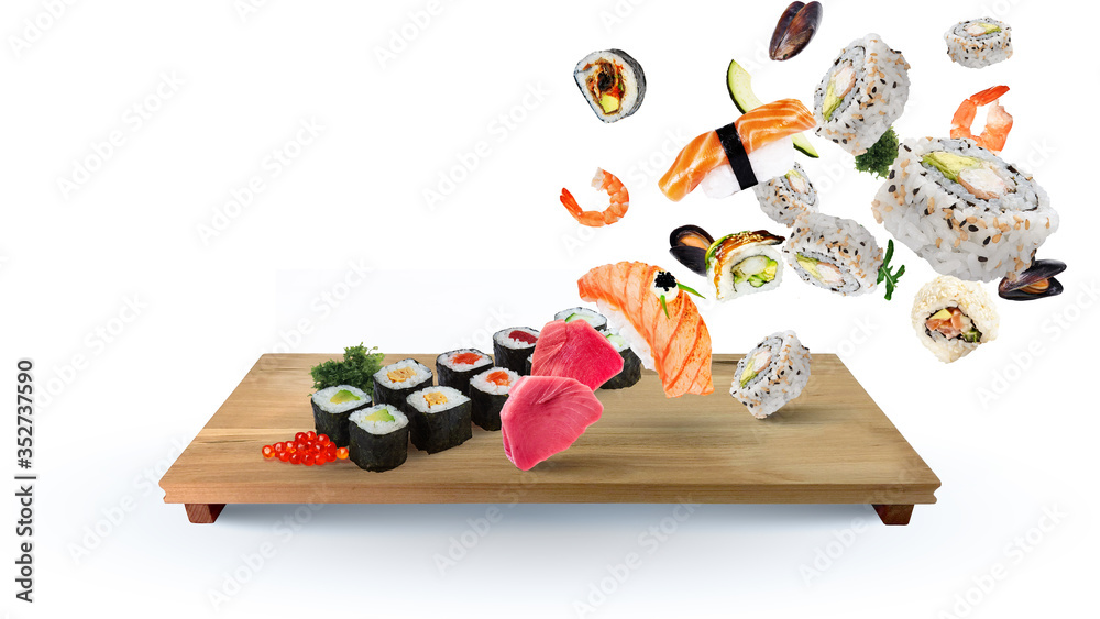 Flying sushi set table ship japan food sashimi salmon tuna rice ...