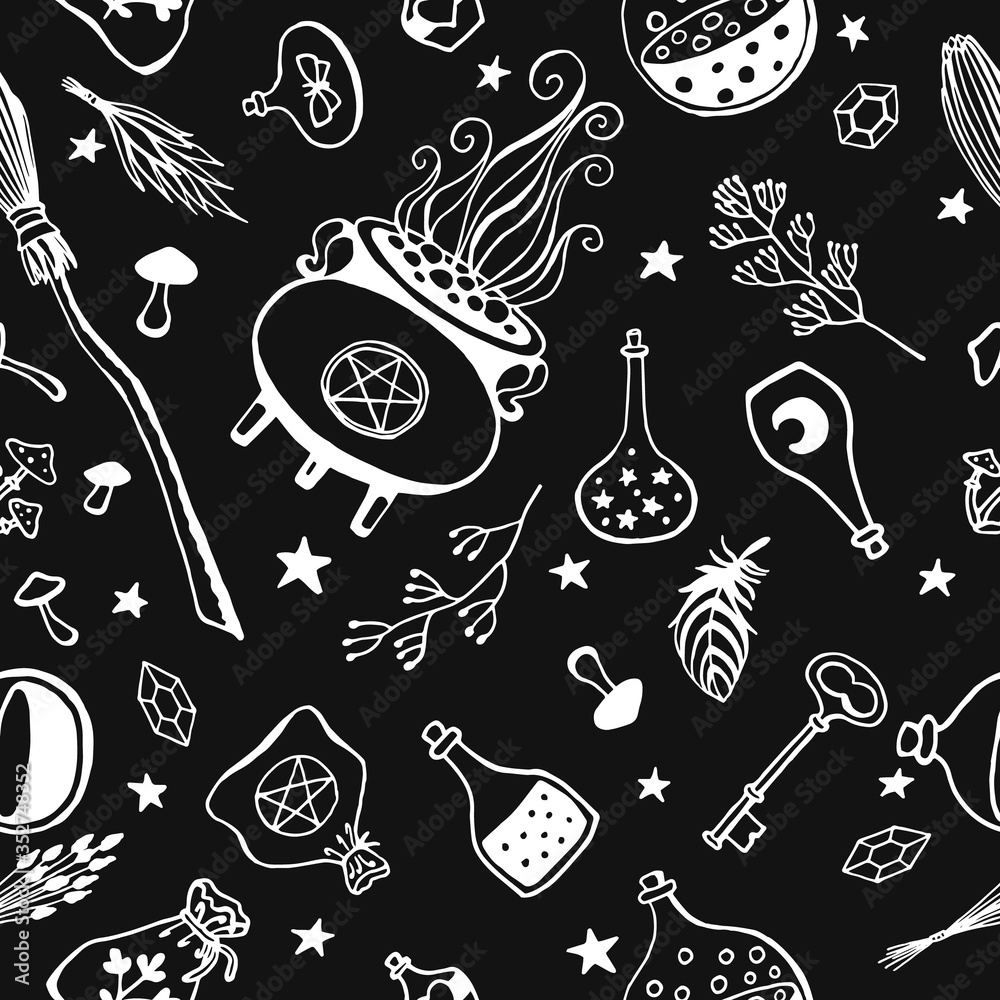 Witchcraft, magic background for witches and wizards. Vector seamless ...