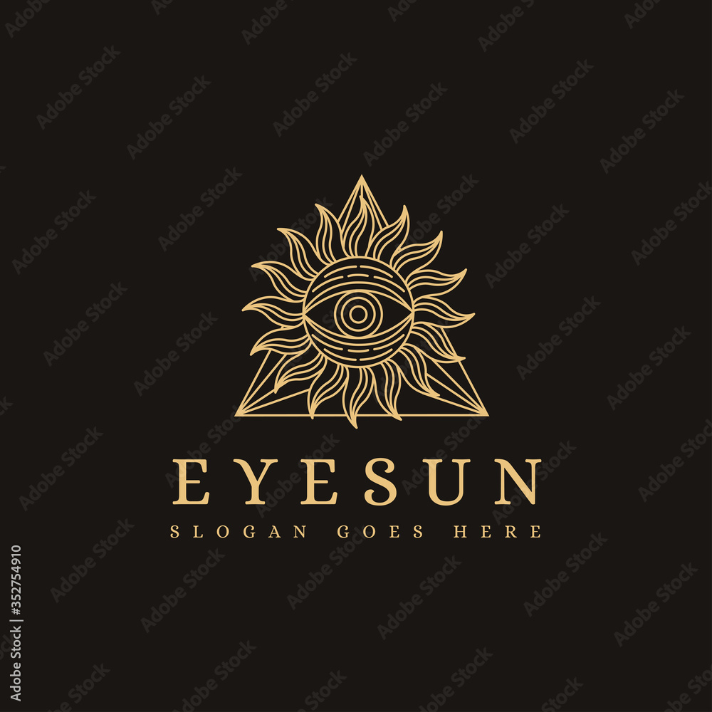 Line art Mystical eye and sun logo icon vector template on black ...