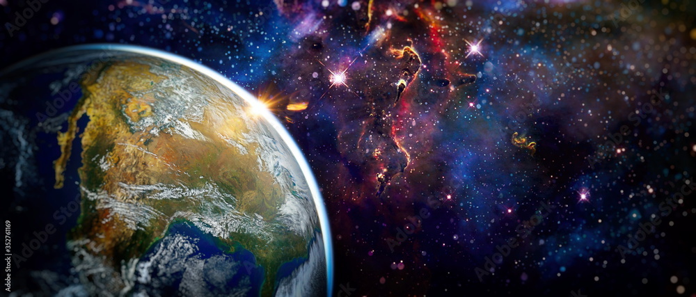 The Earth from space. Earth planet viewed from space.Bright Star Nebula ...