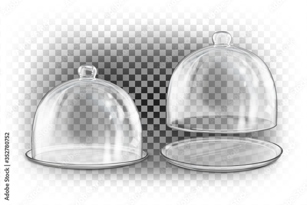 Open and closed glass transparent cloche on a plate. Round glass ...