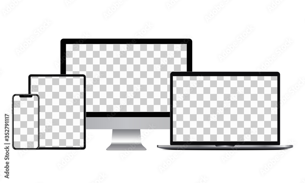 Set of realistic phone, tablet, laptop and pc with transparent screen ...