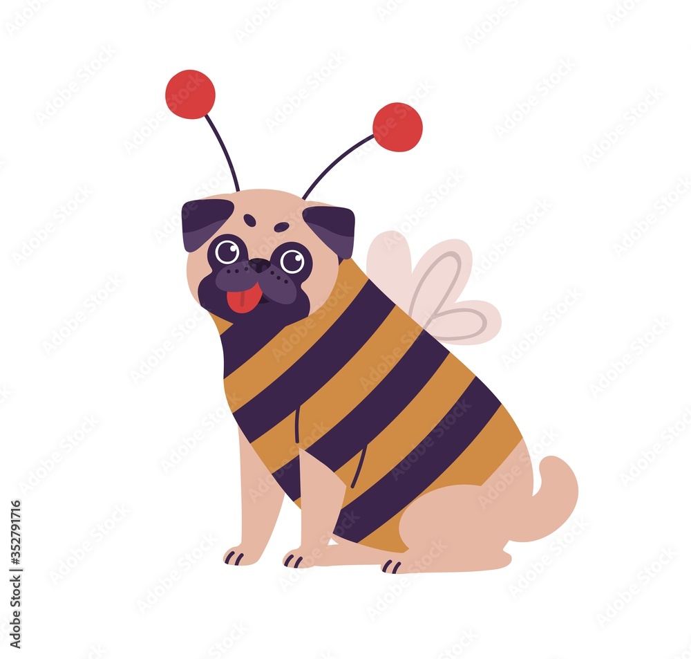 Cute dog pug breed in bee costume vector flat illustration. Funny ...