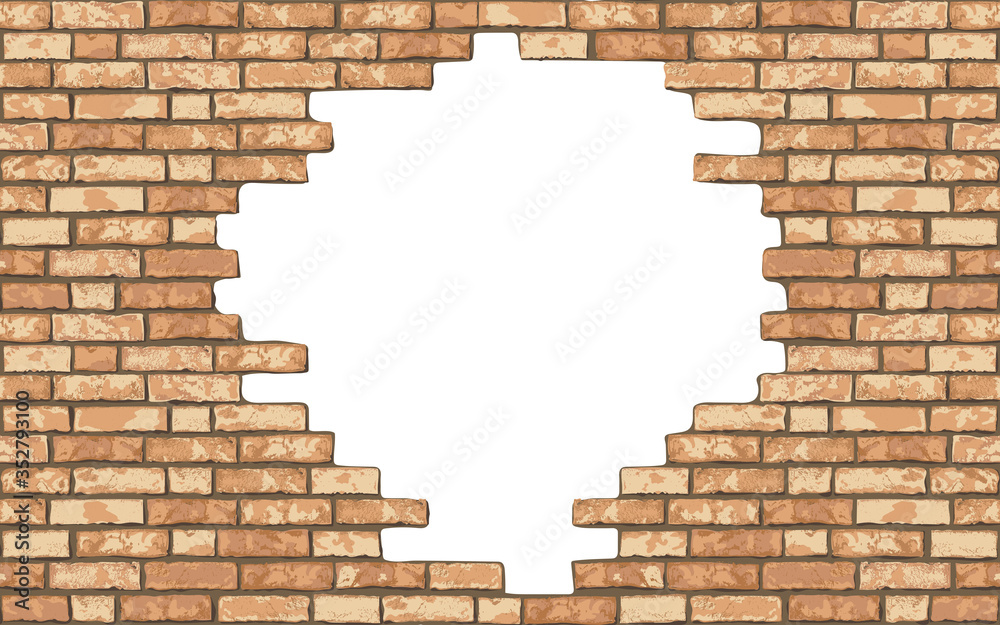Vintage realistic broken brick wall background. Hole in flat wall ...
