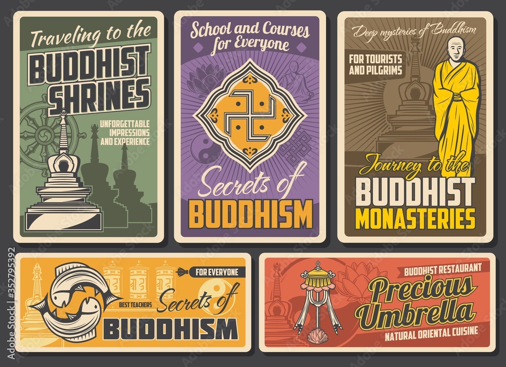 Buddhism religion retro posters. Vector Buddhist stupa building ...
