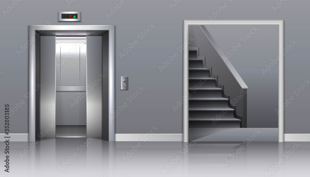 3d realistic vector office building elevator with half closed doors and ...