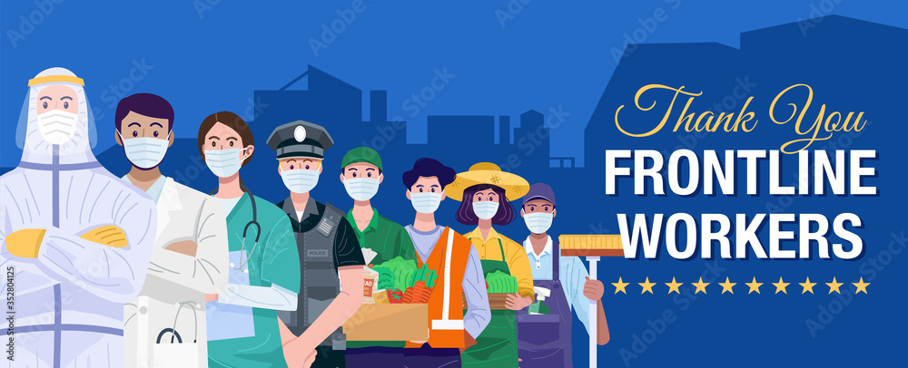 Thank You Frontline Workers Concept. Various occupations people wearing face masks. Vector Stock ...
