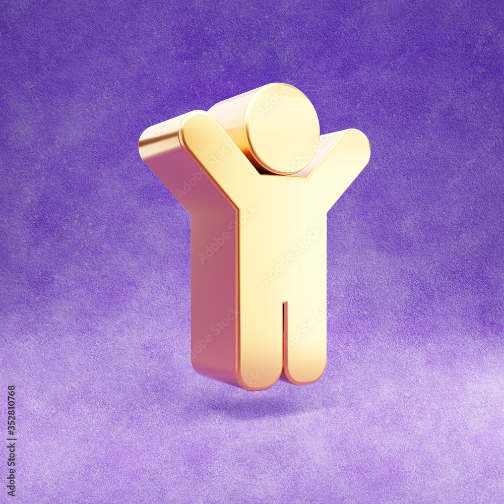 Child icon. Gold glossy Child symbol isolated on violet velvet ...