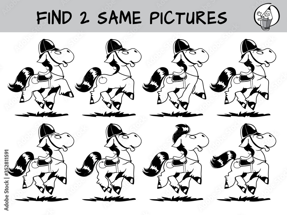 Cute little horse. Find two the same pictures. Educational matching ...