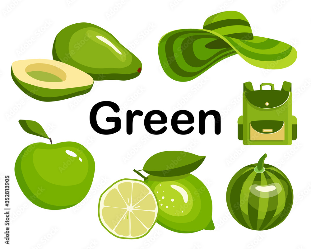 green color. set of items. preschool education. teaching children. The ...