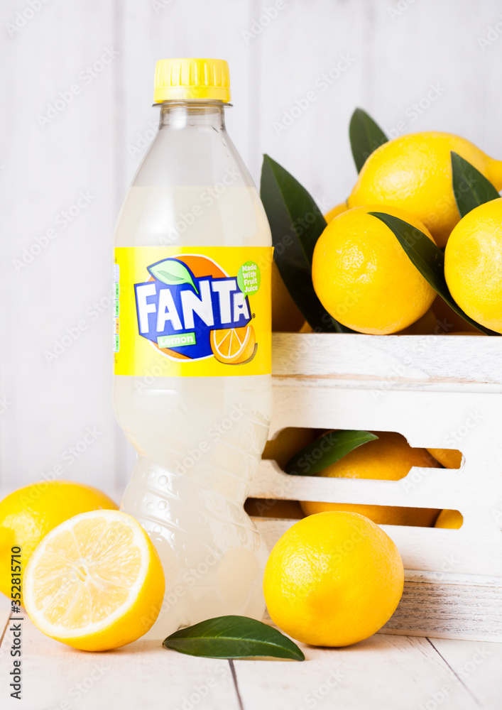 LONDON, UK - APRIL 27, 2018: Plastic bottle of Fanta Lemon soft drink ...