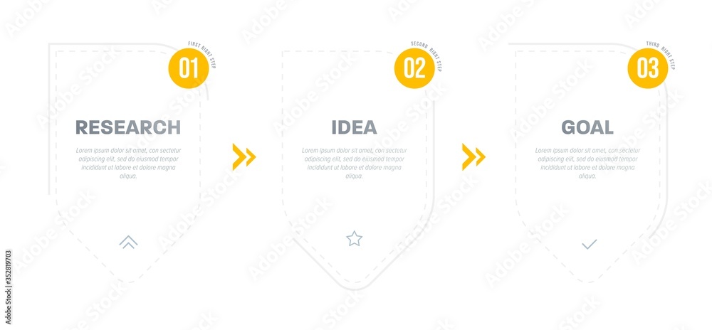 Three step timeline. Infographic step by step process from research to ...