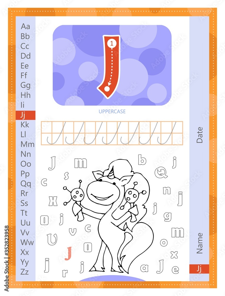 Letter J and funny cartoon hand drawn unicorn. Alphabet a-z. Coloring ...