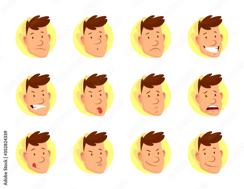 Man face expressions. Set of different male facial emotions. Attractive ...