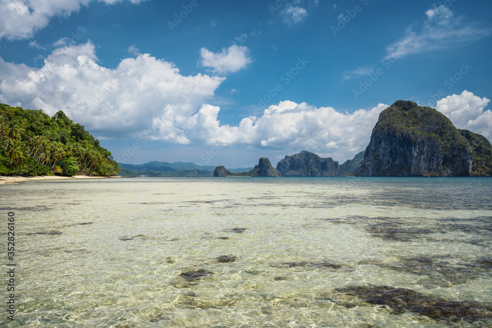 Scenic tropical landscape. Shallow lagoon, sandy beach with palm trees ...
