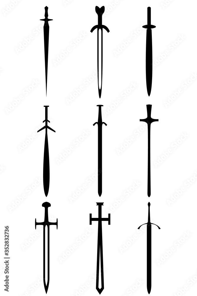 A set of nine different types of medieval and game swords. Illustration ...