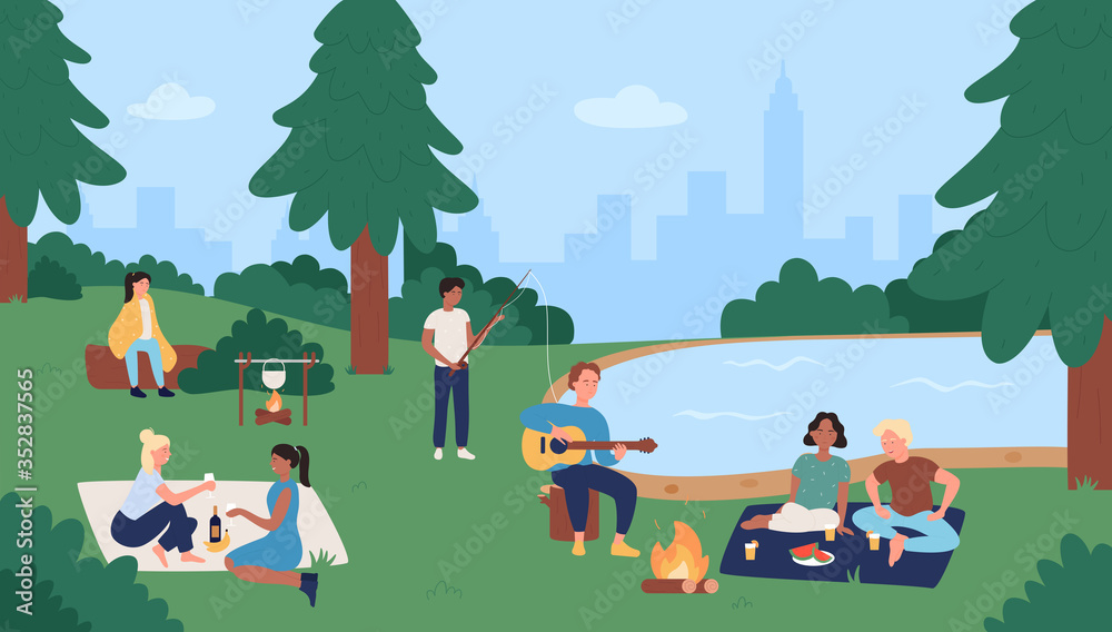 People in summer outdoor city park activity vector illustration ...