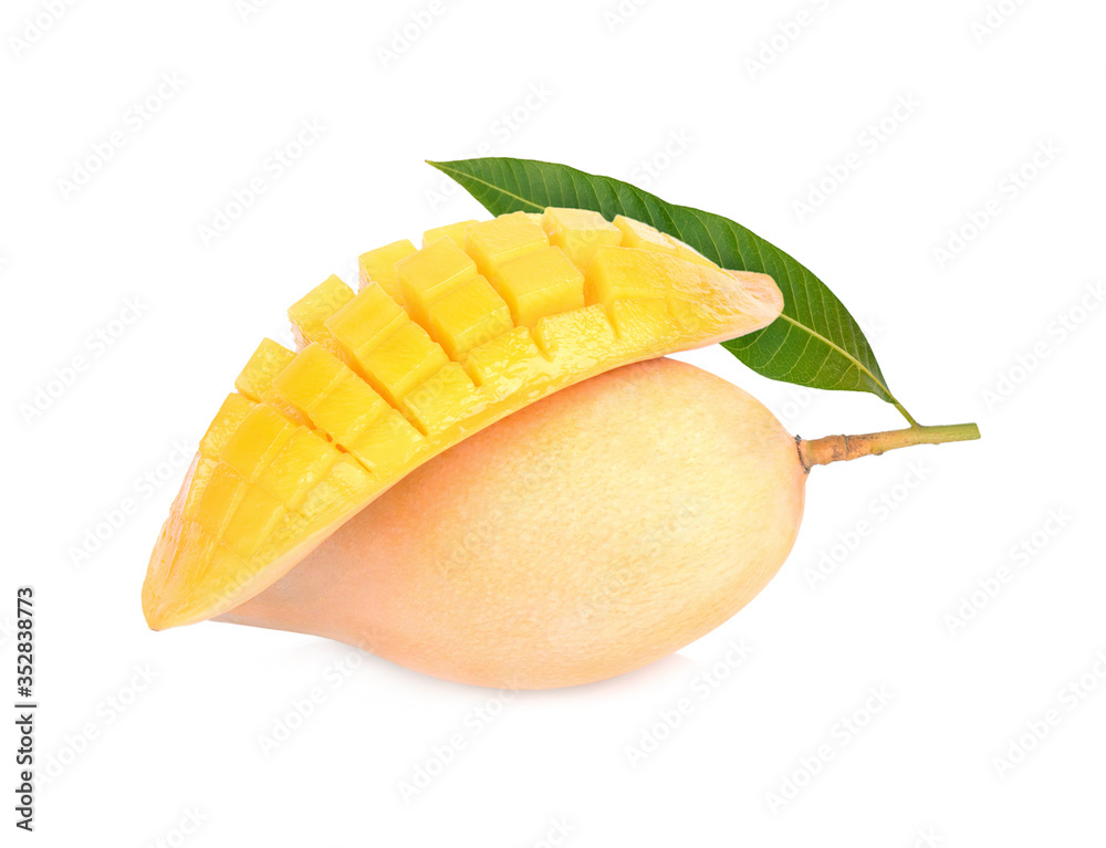King of fruits, yellow Mango fruit, and mango half isolated on white ...