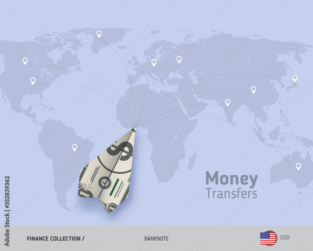 Money transfer around the world. 1 US Dollar paper plane. Flat style ...