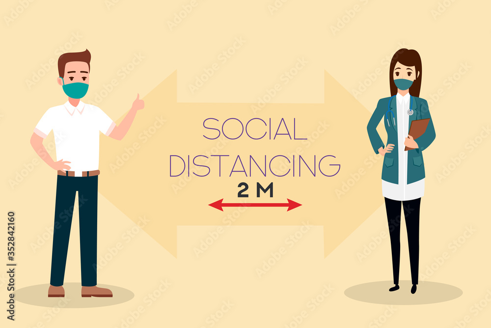 Social distancing banner. Doctor in mask. Stop coronavirus.COVID-19 ...