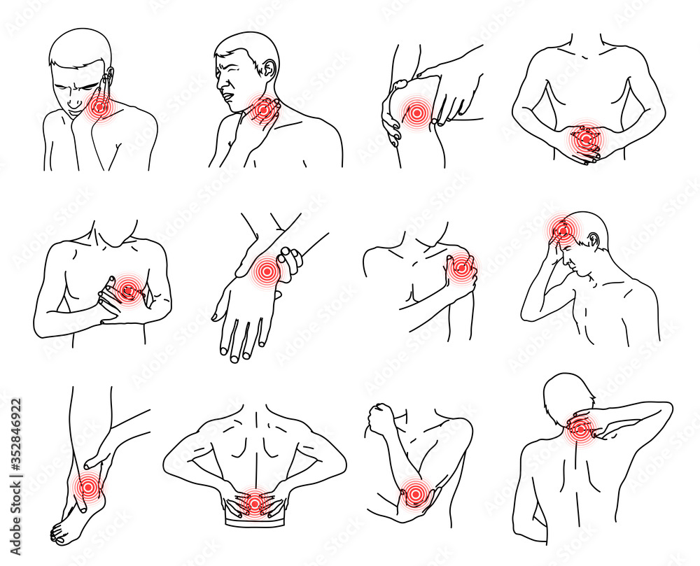 Pain, ache location in different part of man body set. Vector outline ...
