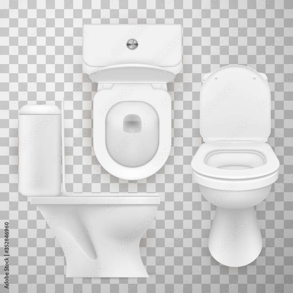 Stockvector Flush toilet bowl, WC pan, water-closet realistic set. Side ...