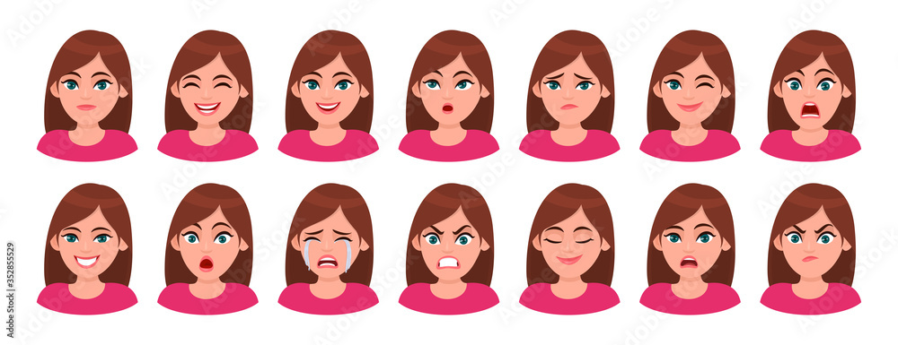 Set of different facial expressions female character. Collection of ...