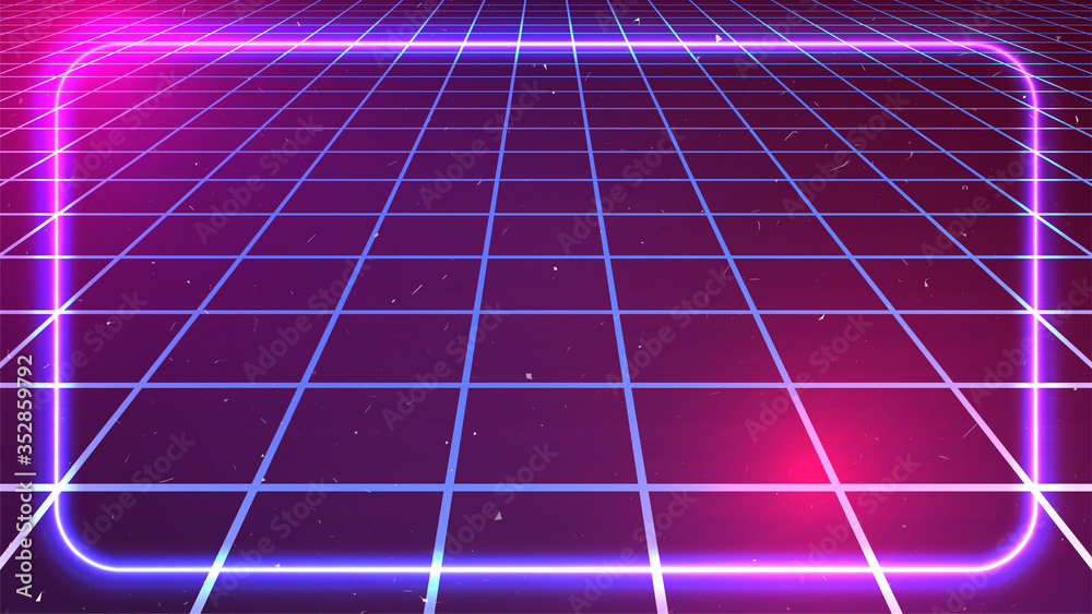 Retro wave neon background. Perspective grid. Blue pink neon light ...