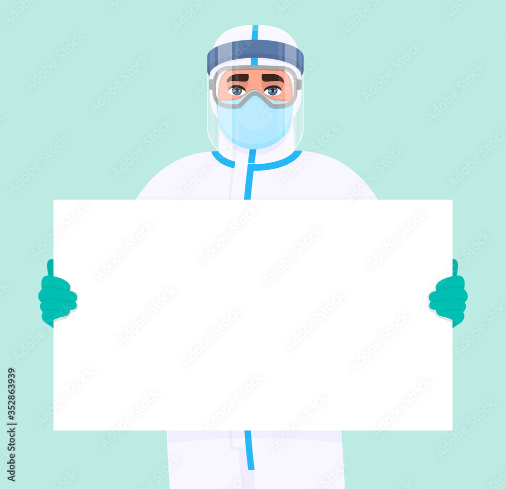 Male doctor in safety protection suit, mask, glasses and face shield ...