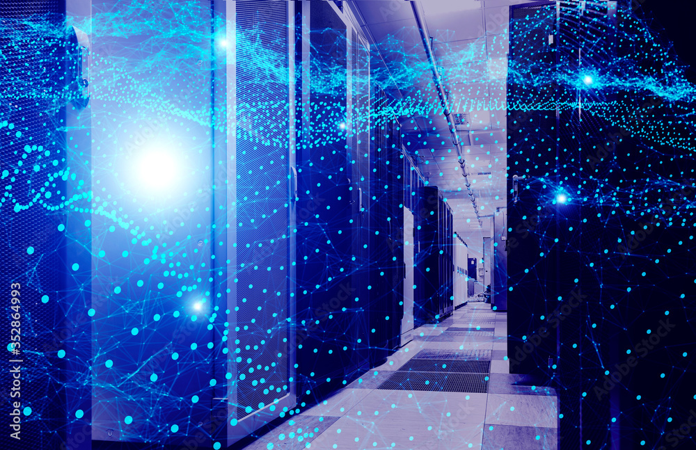 Foto de 3D rendering Modern server room interior in big datacenter for ...