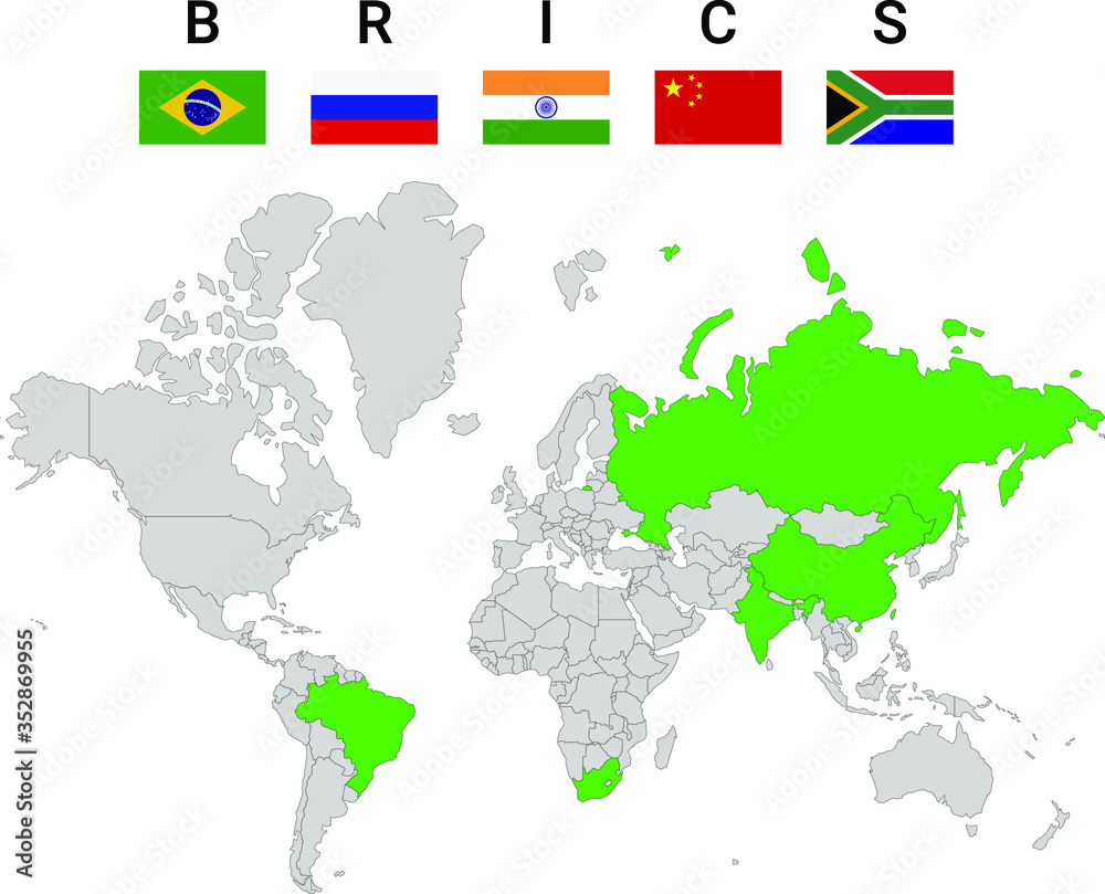 Fototapeta mapa świata dla dzieci Map of BRICS countries with flags | Fototapety dla DZIECI