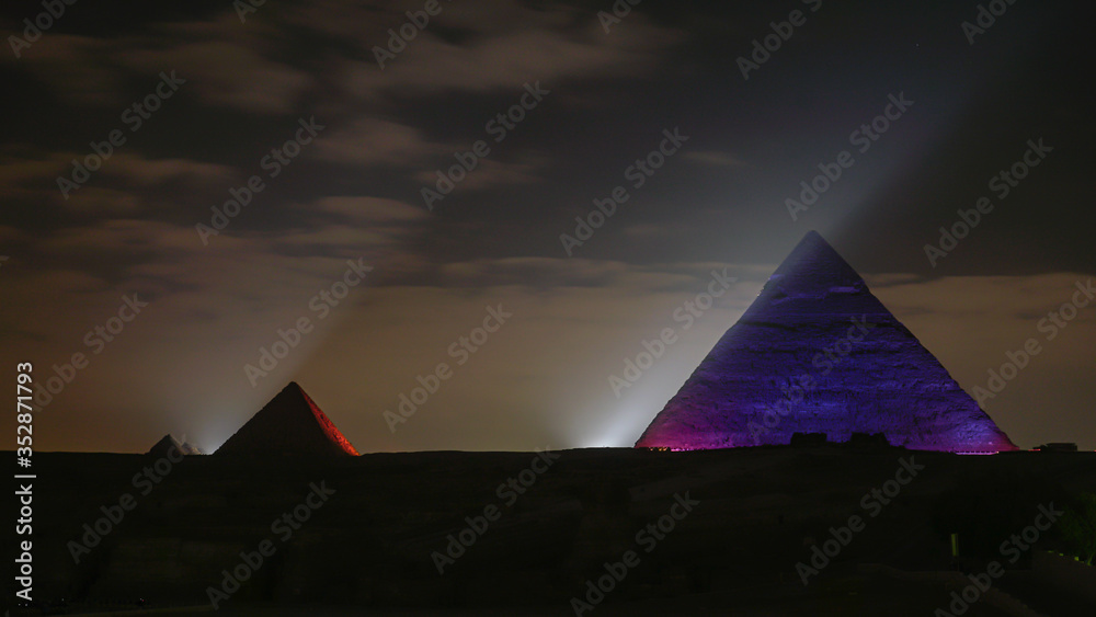 Giza pyramids light illumination show at night colorful and projection ...