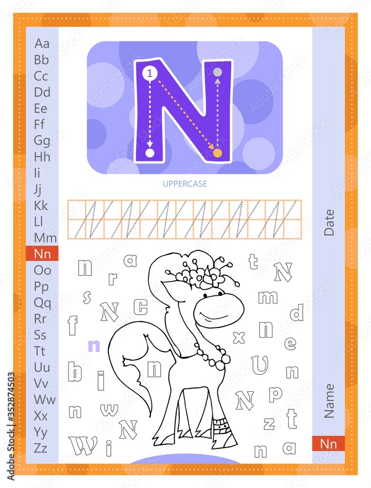 Letter N and funny cartoon hand drawn unicorn. Alphabet a-z. Coloring ...