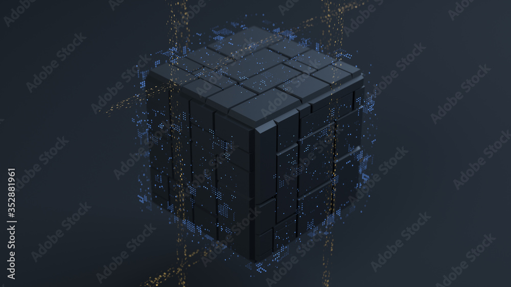 3d render. Abstract background with black cube in center with geometric ...