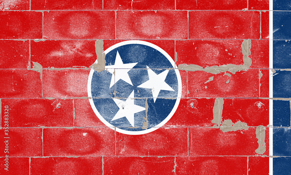 The national flag of the US state of Tennessee on a red background with ...