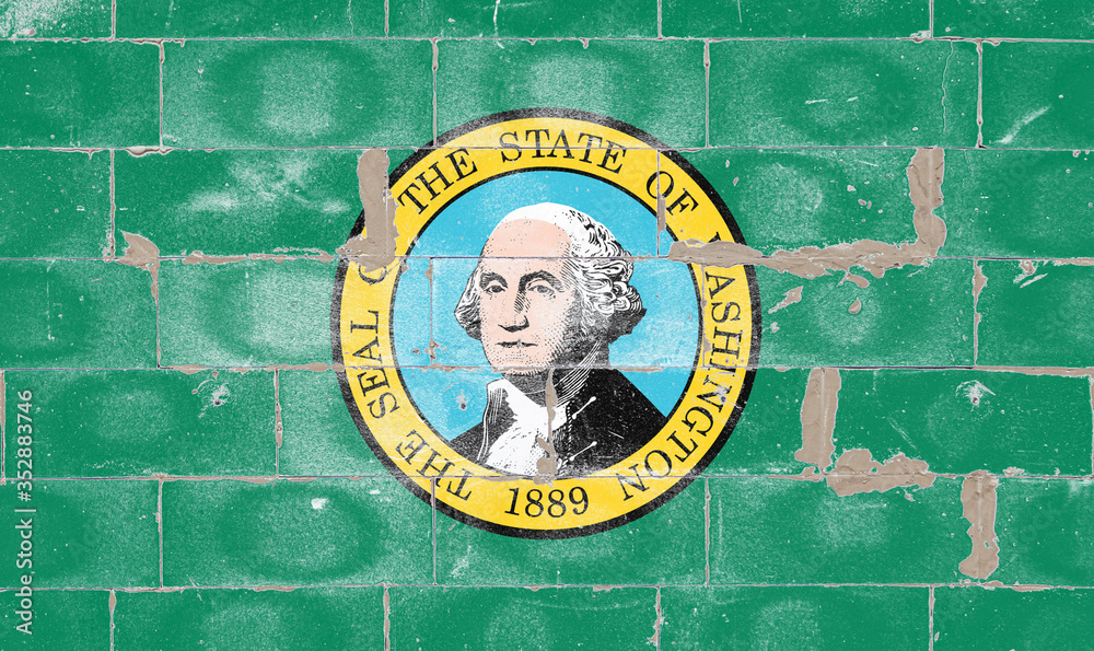 The US national flag declares Washington on a dark green background ...