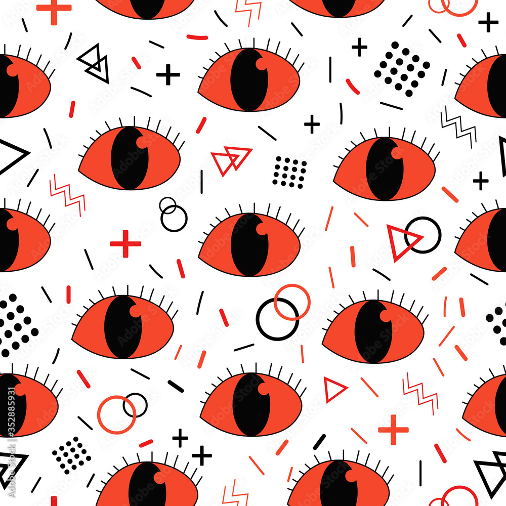 Seamless pattern with red eyes. Geometrical figure. Doodle style. Red ...